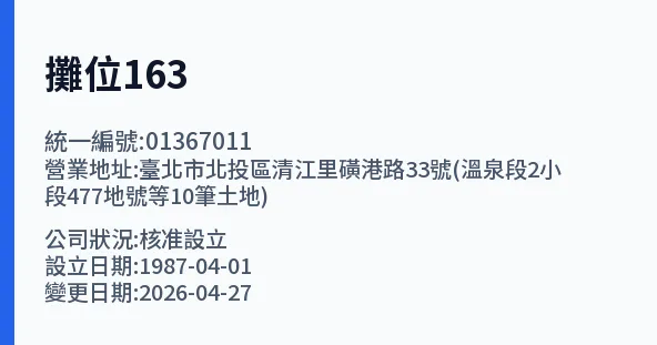 攤位163的照片-統編 01367011(臺北市) 公司登記資料與營業項目詳細圖表