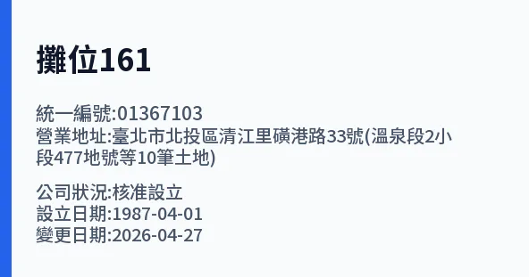 攤位161的照片-統編 01367103(臺北市) 公司登記資料與營業項目詳細圖表