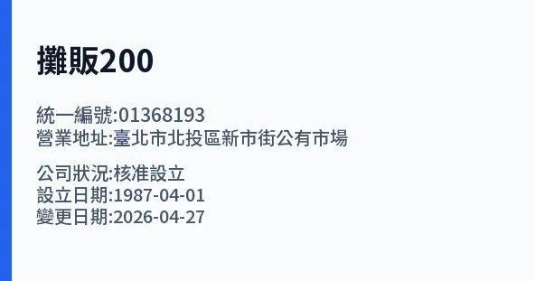 攤販200的照片-統編 01368193(臺北市) 公司登記資料與營業項目詳細圖表