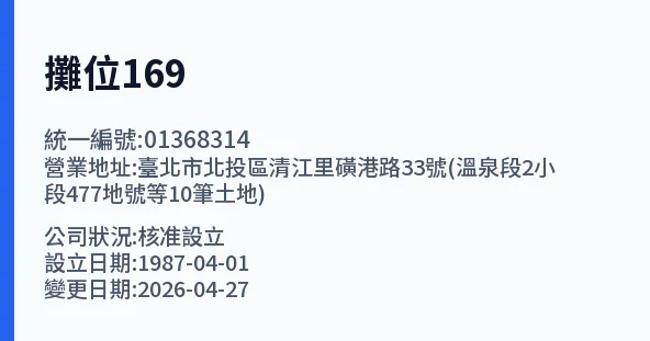 攤位169的照片-統編 01368314(臺北市) 公司登記資料與營業項目詳細圖表