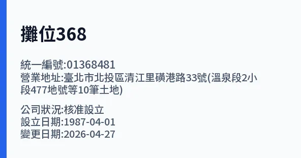 攤位368的照片-統編 01368481(臺北市) 公司登記資料與營業項目詳細圖表