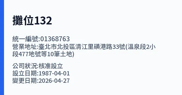 攤位132的照片-統編 01368763(臺北市) 公司登記資料與營業項目詳細圖表
