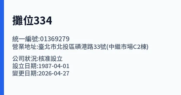 攤位334的照片-統編 01369279(臺北市) 公司登記資料與營業項目詳細圖表