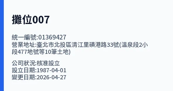 攤位007的照片-統編 01369427(臺北市) 公司登記資料與營業項目詳細圖表