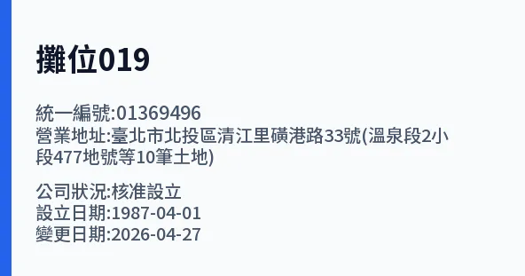 攤位019的照片-統編 01369496(臺北市) 公司登記資料與營業項目詳細圖表