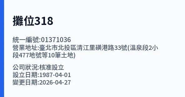 攤位318的照片-統編 01371036(臺北市) 公司登記資料與營業項目詳細圖表
