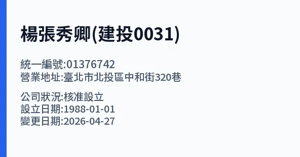 楊張秀卿(建投0031)的照片-統編 01376742(臺北市) 公司登記資料與營業項目詳細圖表