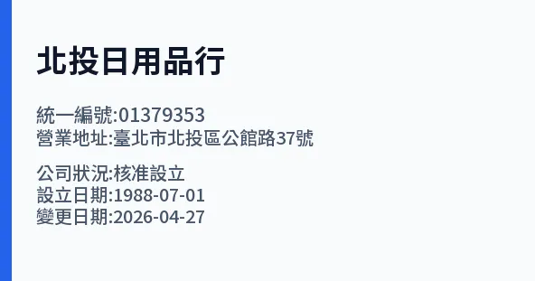 北投日用品行的照片-統編 01379353(臺北市) 公司登記資料與營業項目詳細圖表