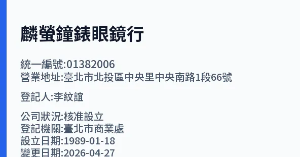 麟螢鐘錶眼鏡行的照片-統編 01382006(臺北市) 公司登記資料與營業項目詳細圖表