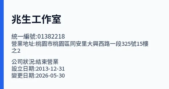 兆生工作室的照片-統編 01382218(桃園市) 公司登記資料與營業項目詳細圖表