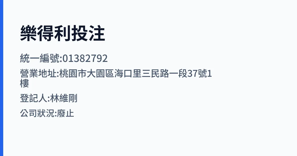 樂得利投注 - 統編 01382792(桃園市) 公司登記資料與營業項目詳細圖表