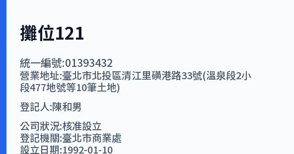 攤位121的照片-統編 01393432(臺北市) 公司登記資料與營業項目詳細圖表