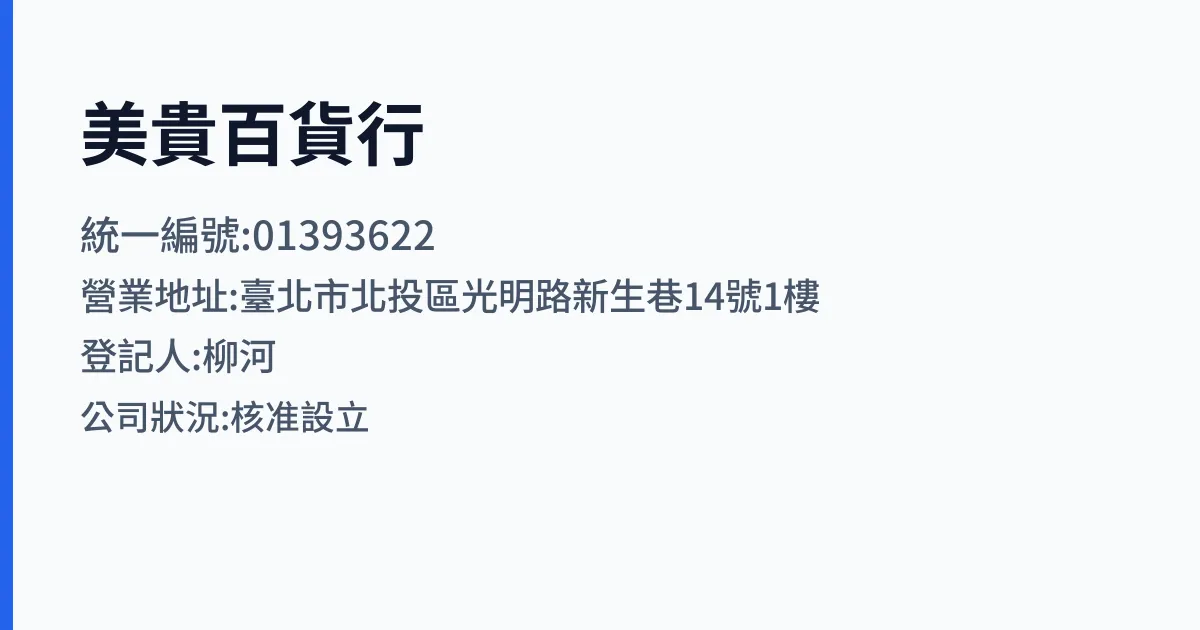 美貴百貨行 - 統編 01393622(臺北市) 公司登記資料與營業項目詳細圖表