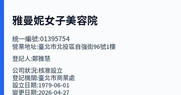 雅曼妮女子美容院的照片-統編 01395754(臺北市) 公司登記資料與營業項目詳細圖表