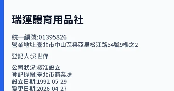 瑞運體育用品社的照片-統編 01395826(臺北市) 公司登記資料與營業項目詳細圖表