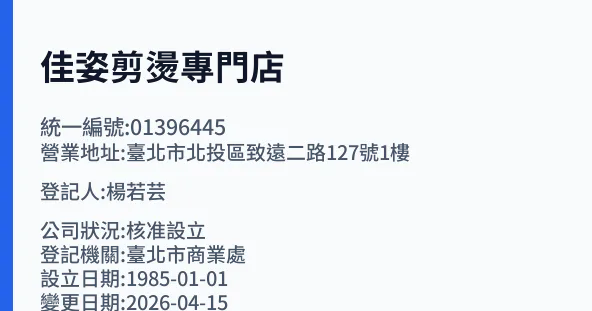 佳姿剪燙專門店的照片-統編 01396445(臺北市) 公司登記資料與營業項目詳細圖表