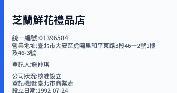 芝蘭鮮花禮品店的照片-統編 01396584(臺北市) 公司登記資料與營業項目詳細圖表