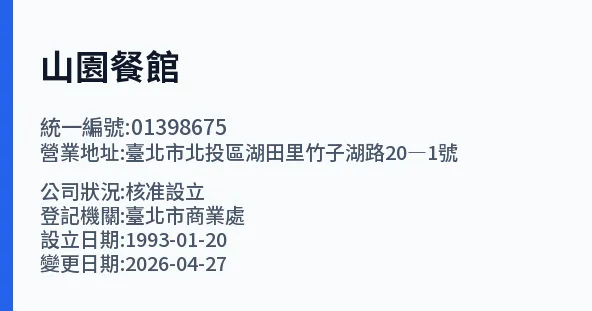 山園餐館的照片-統編 01398675(臺北市) 公司登記資料與營業項目詳細圖表