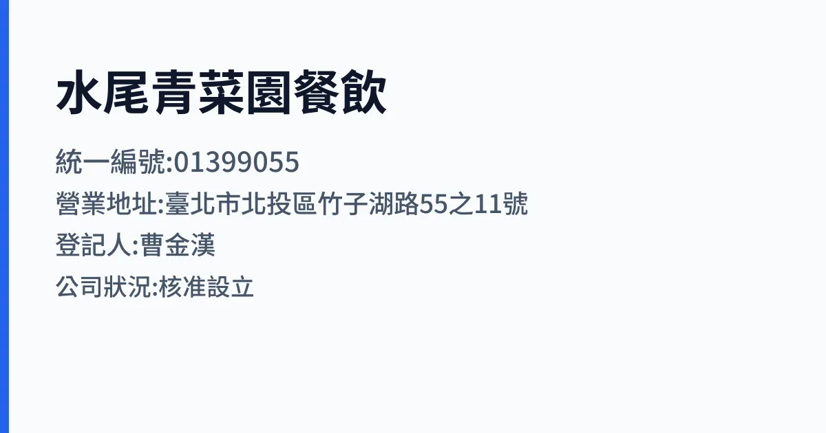 水尾青菜園餐飲 - 統編 01399055(臺北市) 公司登記資料與營業項目詳細圖表