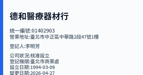 德和醫療器材行的照片-統編 01402903(臺北市) 公司登記資料與營業項目詳細圖表