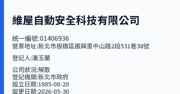 維屋自動安全科技有限公司的照片-統編 01406936(新北市) 公司登記資料與營業項目詳細圖表