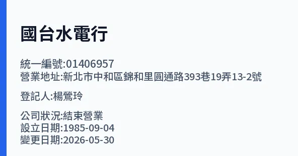 國台水電行的照片-統編 01406957(新北市) 公司登記資料與營業項目詳細圖表