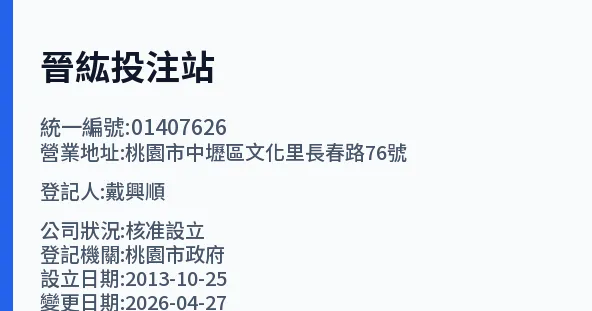 晉紘投注站的照片-統編 01407626(桃園市) 公司登記資料與營業項目詳細圖表