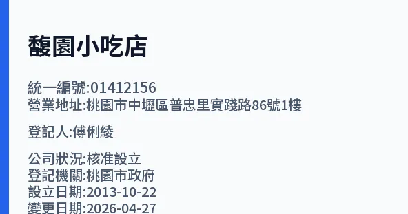 馥園小吃店的照片-統編 01412156(桃園市) 公司登記資料與營業項目詳細圖表