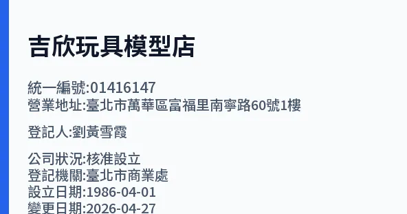 吉欣玩具模型店的照片-統編 01416147(臺北市) 公司登記資料與營業項目詳細圖表