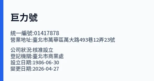 巨力號的照片-統編 01417878(臺北市) 公司登記資料與營業項目詳細圖表
