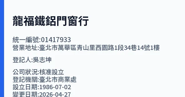龍福鐵鋁門窗行的照片-統編 01417933(臺北市) 公司登記資料與營業項目詳細圖表