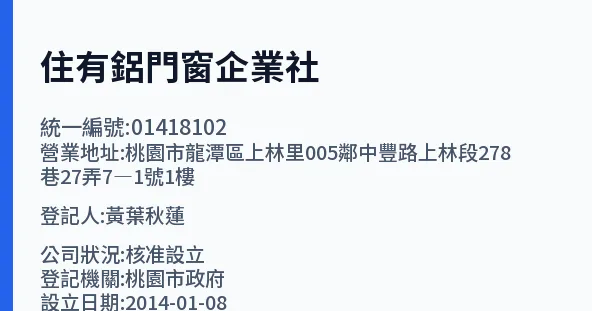 住有鋁門窗企業社的照片-統編 01418102(桃園市) 公司登記資料與營業項目詳細圖表