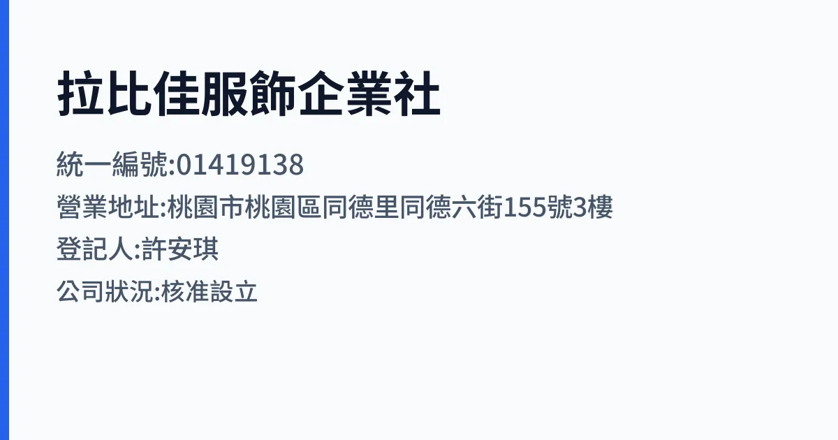 拉比佳服飾企業社 - 統編 01419138(桃園市) 公司登記資料與營業項目詳細圖表