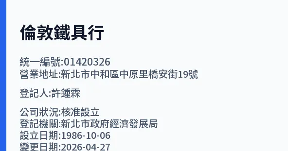 倫敦鐵具行的照片-統編 01420326(新北市) 公司登記資料與營業項目詳細圖表