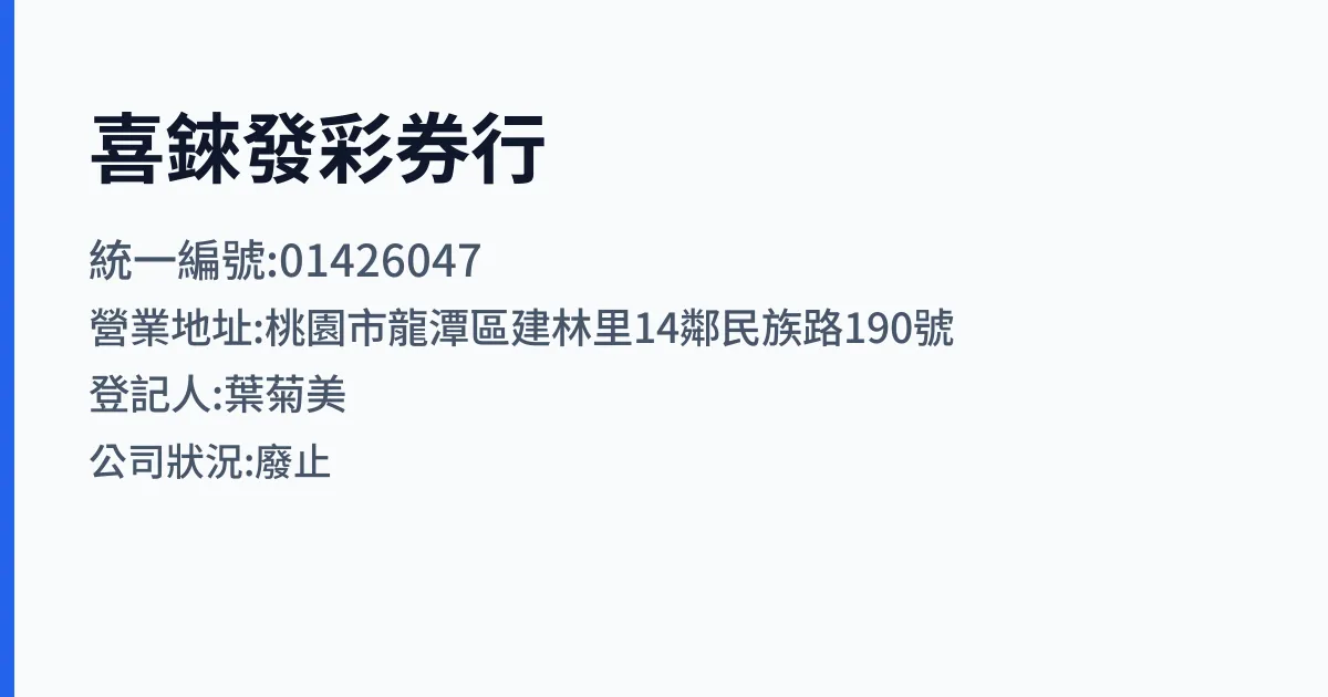 喜錸發彩券行 - 統編 01426047(桃園市) 公司登記資料與營業項目詳細圖表