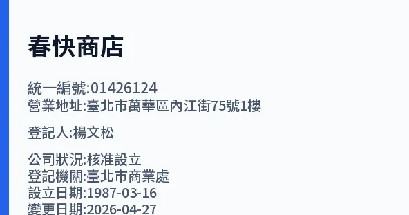 春快商店的照片-統編 01426124(臺北市) 公司登記資料與營業項目詳細圖表
