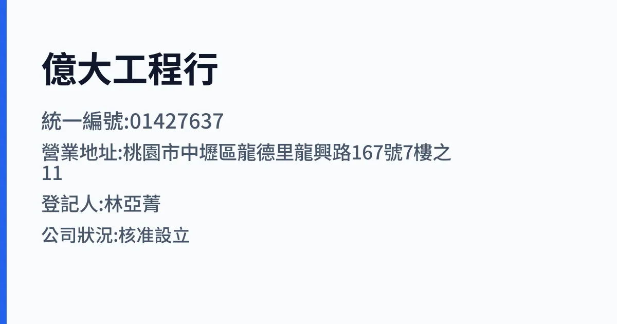 億大工程行 - 統編 01427637(桃園市) 公司登記資料與營業項目詳細圖表