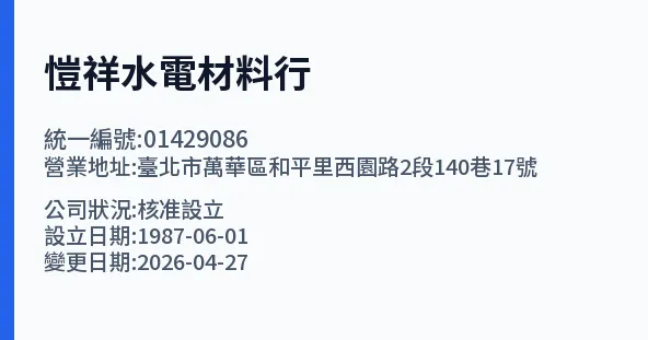 愷祥水電材料行的照片-統編 01429086(臺北市) 公司登記資料與營業項目詳細圖表