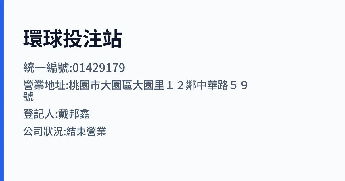 環球投注站 - 統編 01429179(桃園市) 公司登記資料與營業項目詳細圖表