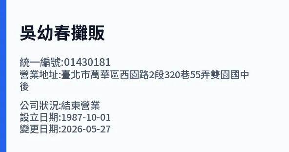 吳幼春攤販的照片-統編 01430181(臺北市) 公司登記資料與營業項目詳細圖表