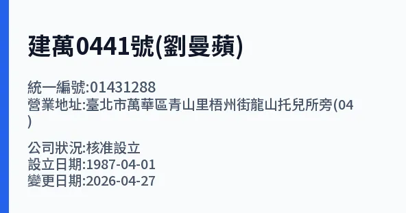 建萬0441號(劉曼蘋)的照片-統編 01431288(臺北市) 公司登記資料與營業項目詳細圖表