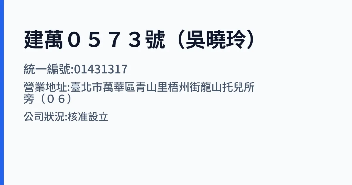 建萬０５７３號（吳曉玲） - 統編 01431317(臺北市) 公司登記資料與營業項目詳細圖表