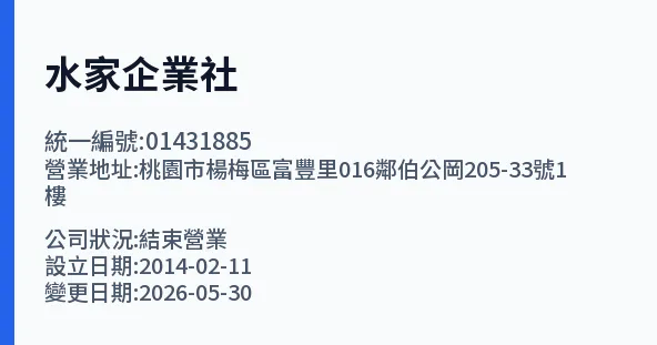 水家企業社的照片-統編 01431885(桃園市) 公司登記資料與營業項目詳細圖表