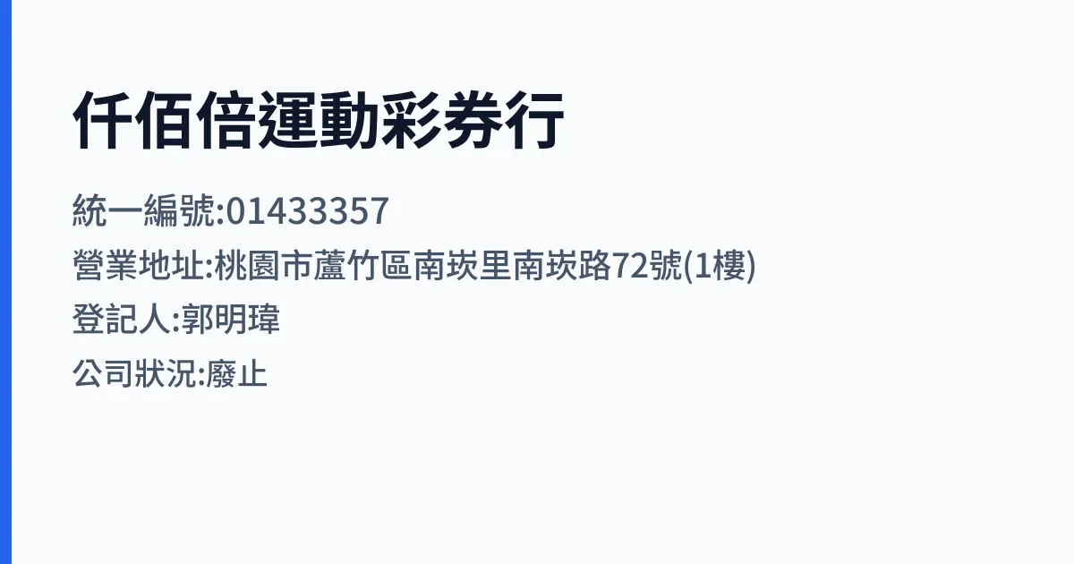 仟佰倍運動彩券行 - 統編 01433357(桃園市) 公司登記資料與營業項目詳細圖表
