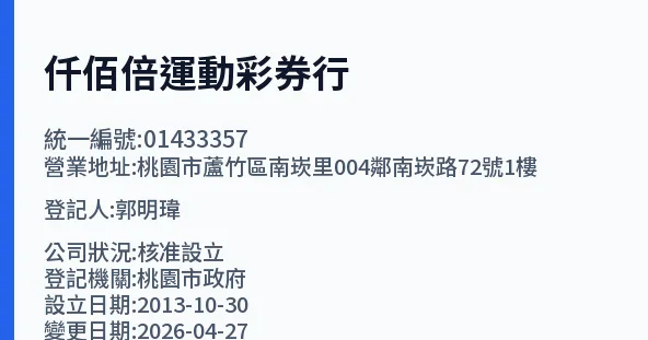 仟佰倍運動彩券行的照片-統編 01433357(桃園市) 公司登記資料與營業項目詳細圖表