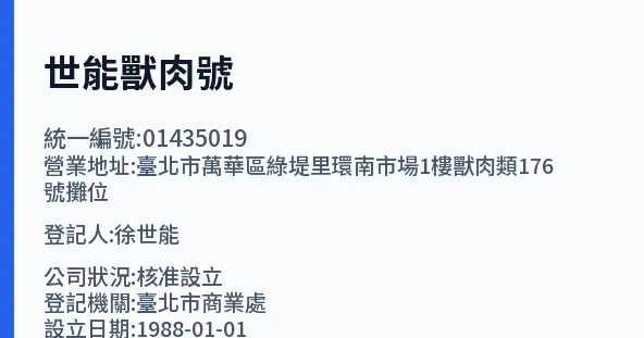 世能獸肉號的照片-統編 01435019(臺北市) 公司登記資料與營業項目詳細圖表