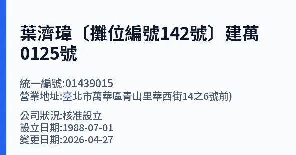 葉濟瑋〔攤位編號142號〕建萬0125號的照片-統編 01439015(臺北市) 公司登記資料與營業項目詳細圖表