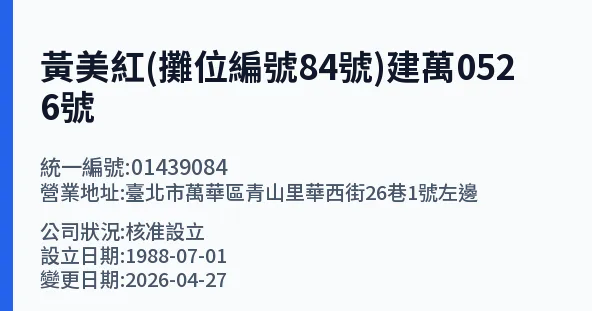 黃美紅(攤位編號84號)建萬0526號的照片-統編 01439084(臺北市) 公司登記資料與營業項目詳細圖表