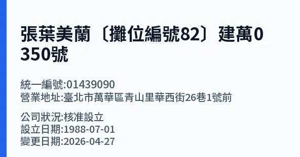 張葉美蘭〔攤位編號82〕建萬0350號的照片-統編 01439090(臺北市) 公司登記資料與營業項目詳細圖表