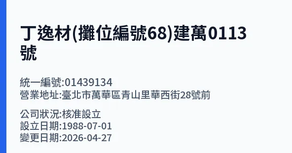 丁逸材(攤位編號68)建萬0113號的照片-統編 01439134(臺北市) 公司登記資料與營業項目詳細圖表